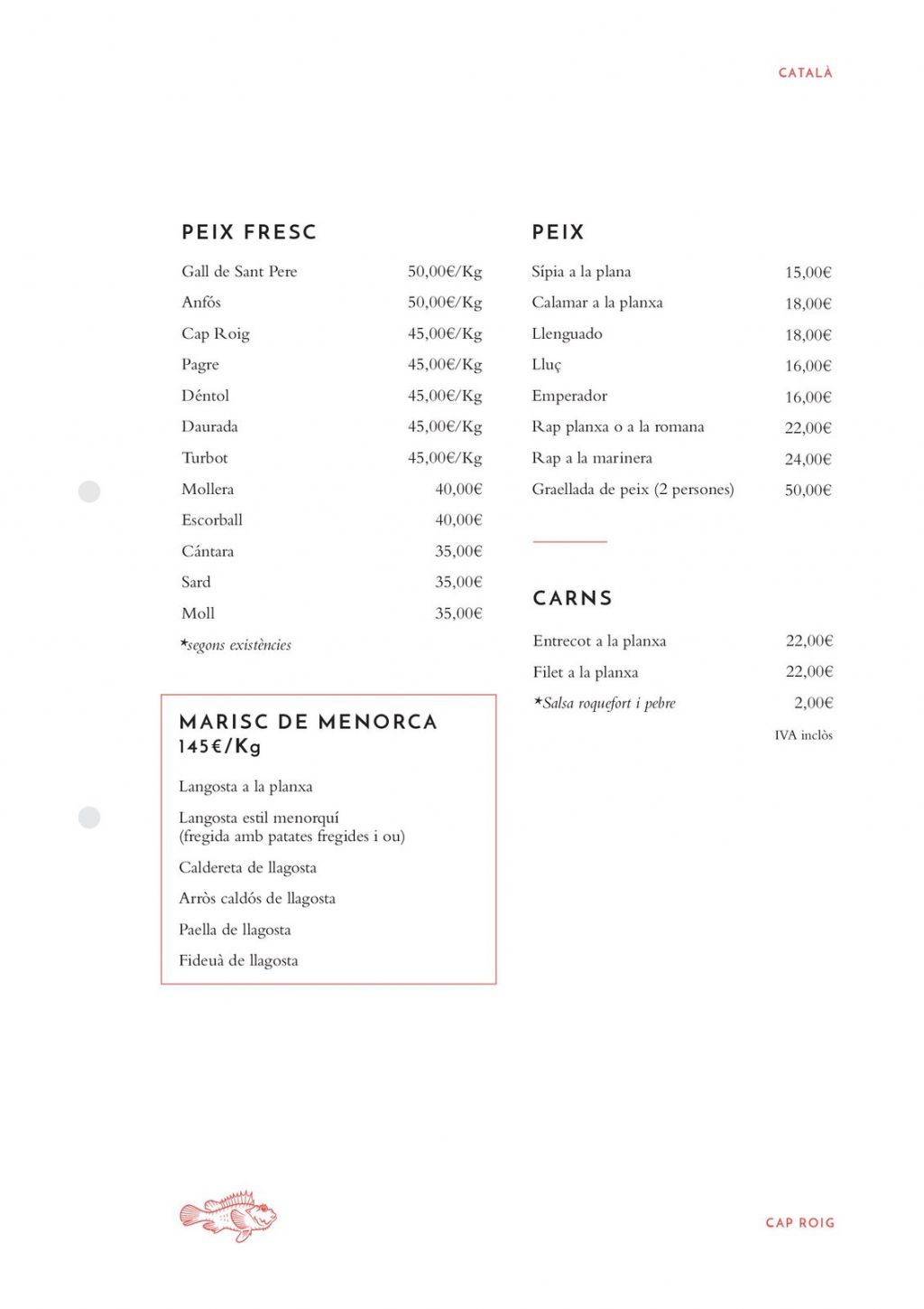Carta del Restaurante Cap Roig