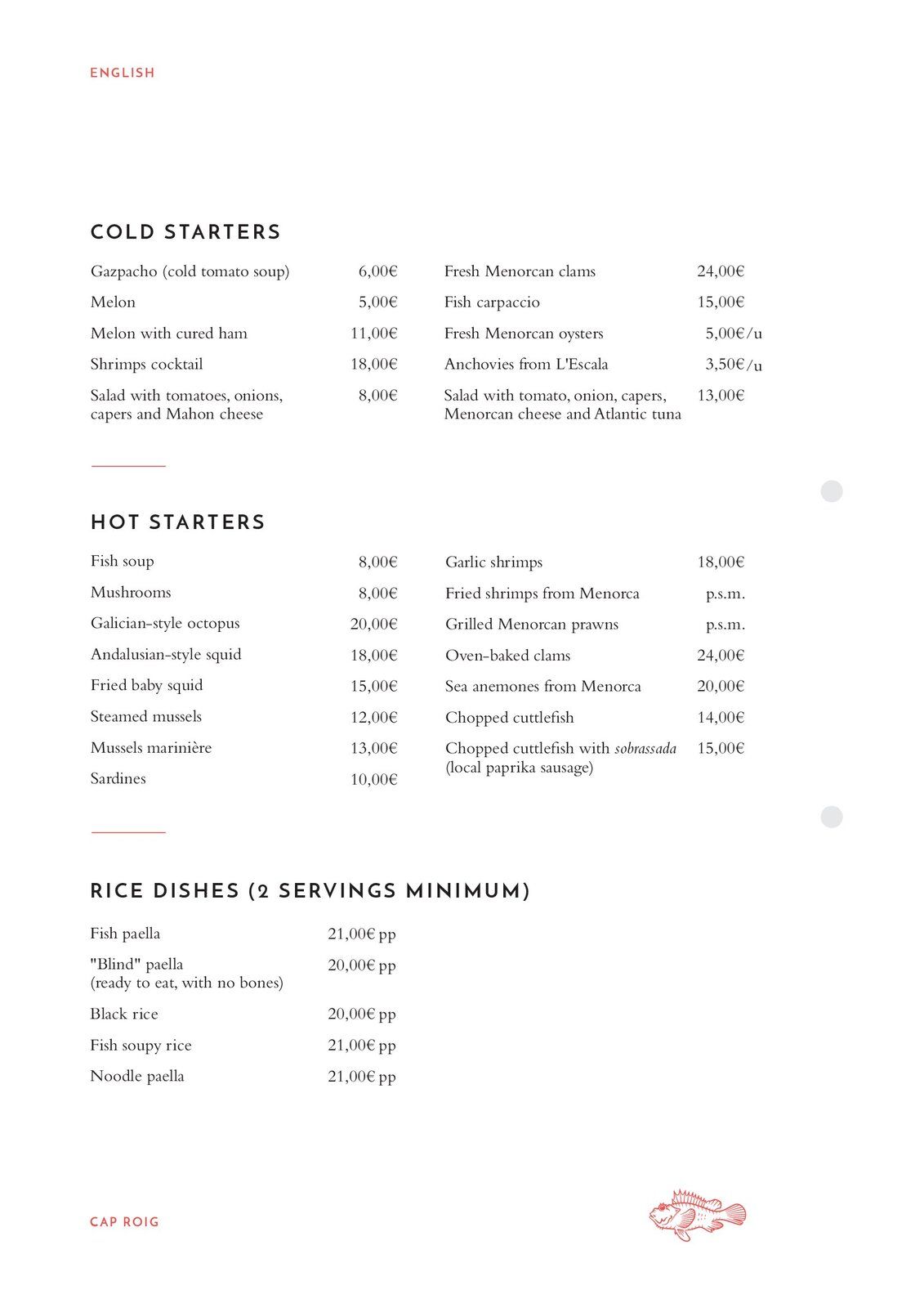 Carta del Restaurante Cap Roig